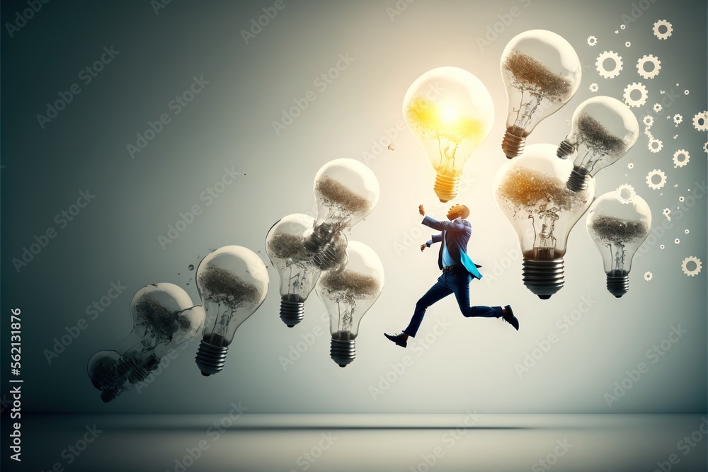 a man running away from a bunch of light bulbs with a light bulb on top ...