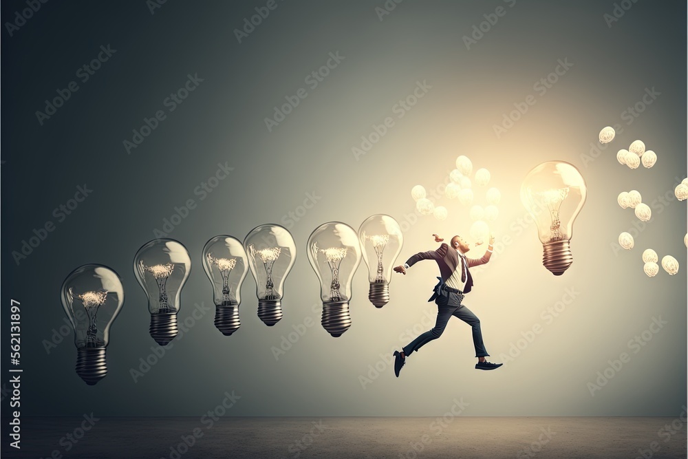 a man running away from a bunch of light bulbs that are being blown by ...