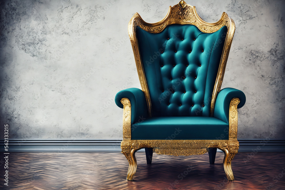 front view of empty golden royal throne with green fabric standing on ...