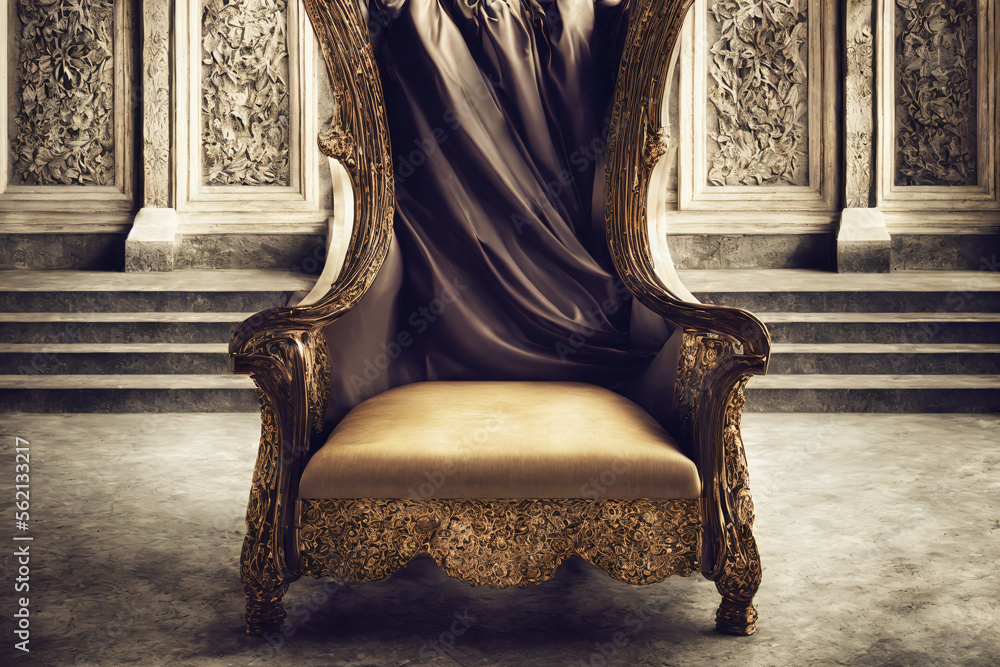 front view of ancient empty golden royal throne with brown wavy fabric ...