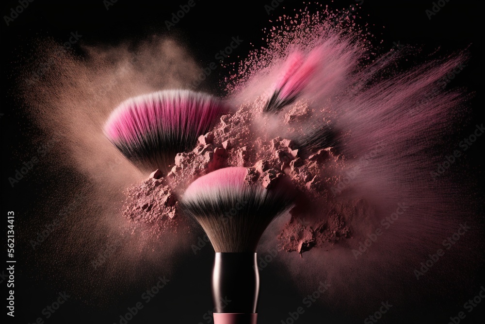 a pink powdered brush is in the air with powder coming out of it and a ...