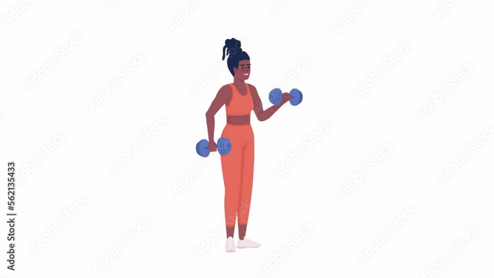 Animated woman posing with dumbbells. Gym visit. Full body flat person ...