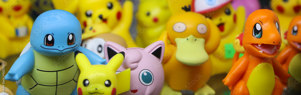 Pokemon dolls. Pikachu, Squirtle, Psyduck y Charmander. Banner ...