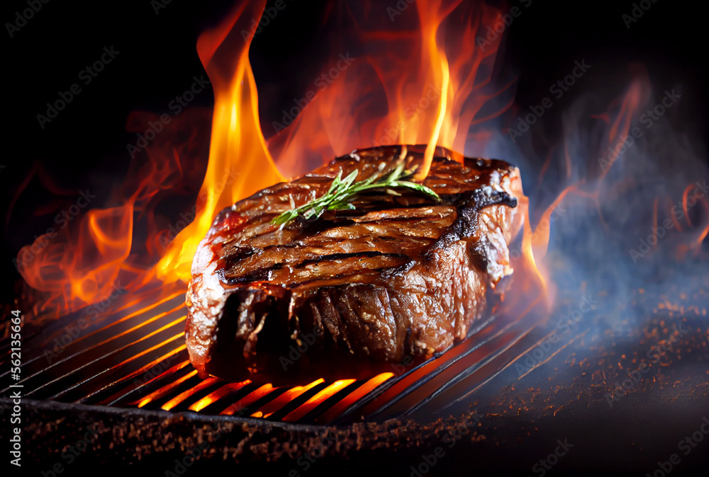 T-Bone steak or Porterhouse on grill with blazing fire flame. Food and cuisine concept ...