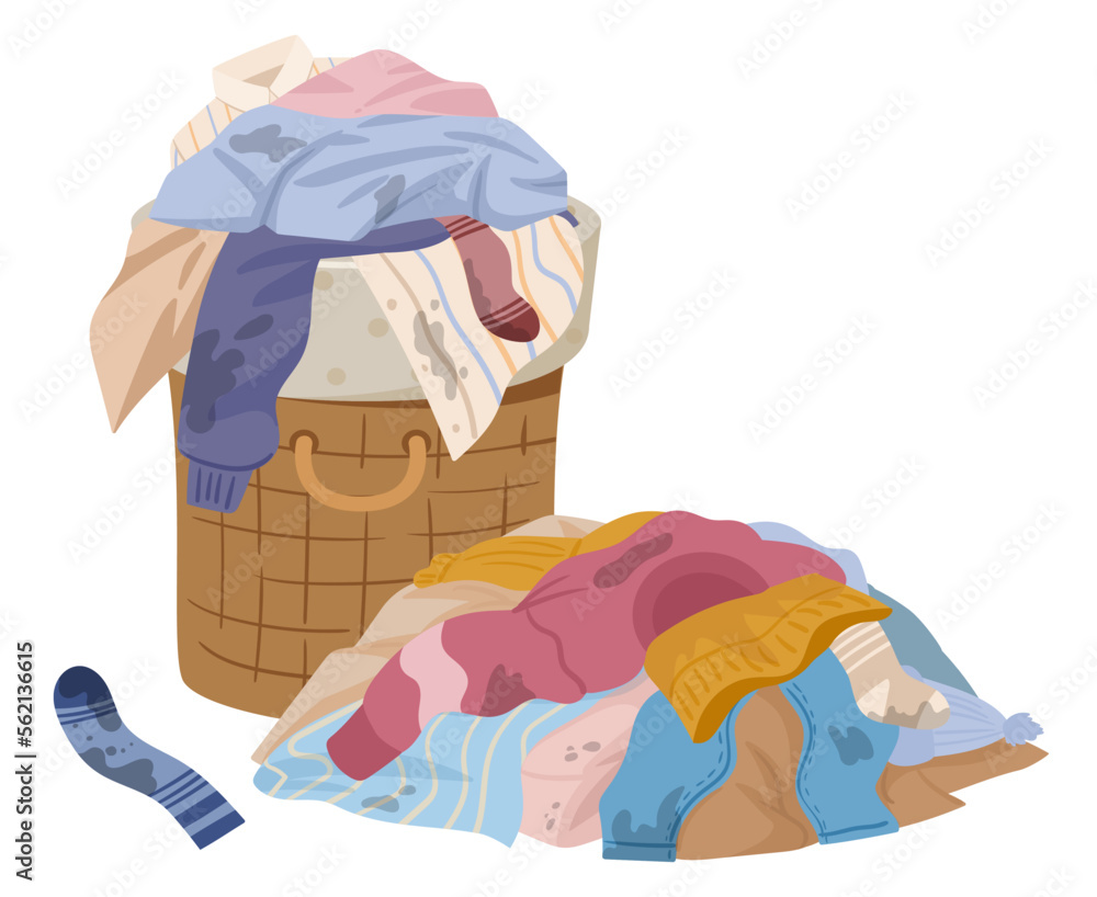 Cartoon dirty clothes. Laundry basket and stack of clean clothing flat ...