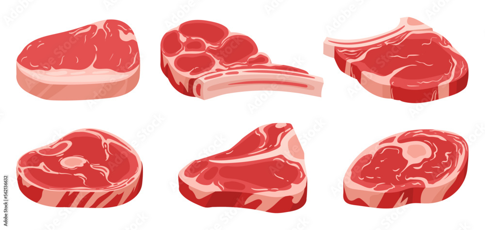 Cartoon raw meat steaks. Pork or red beef steaks, fresh raw filet flat ...