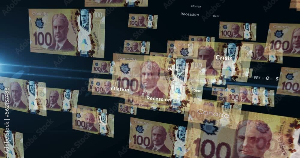 Canadian dollar 100 CAD banknote loop. Flying between transparent money ...
