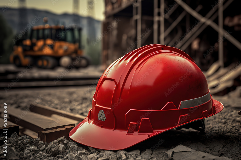 A red safety helmet or hardhat, construction worker PPE, is placed at ...