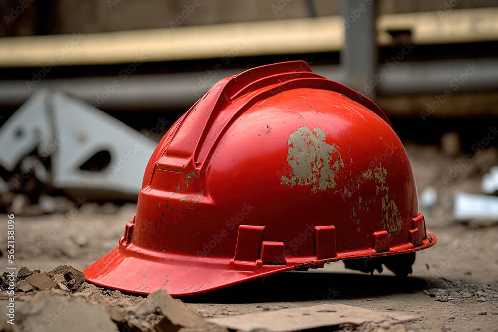 A red safety helmet or hardhat, construction worker PPE, is placed at ...