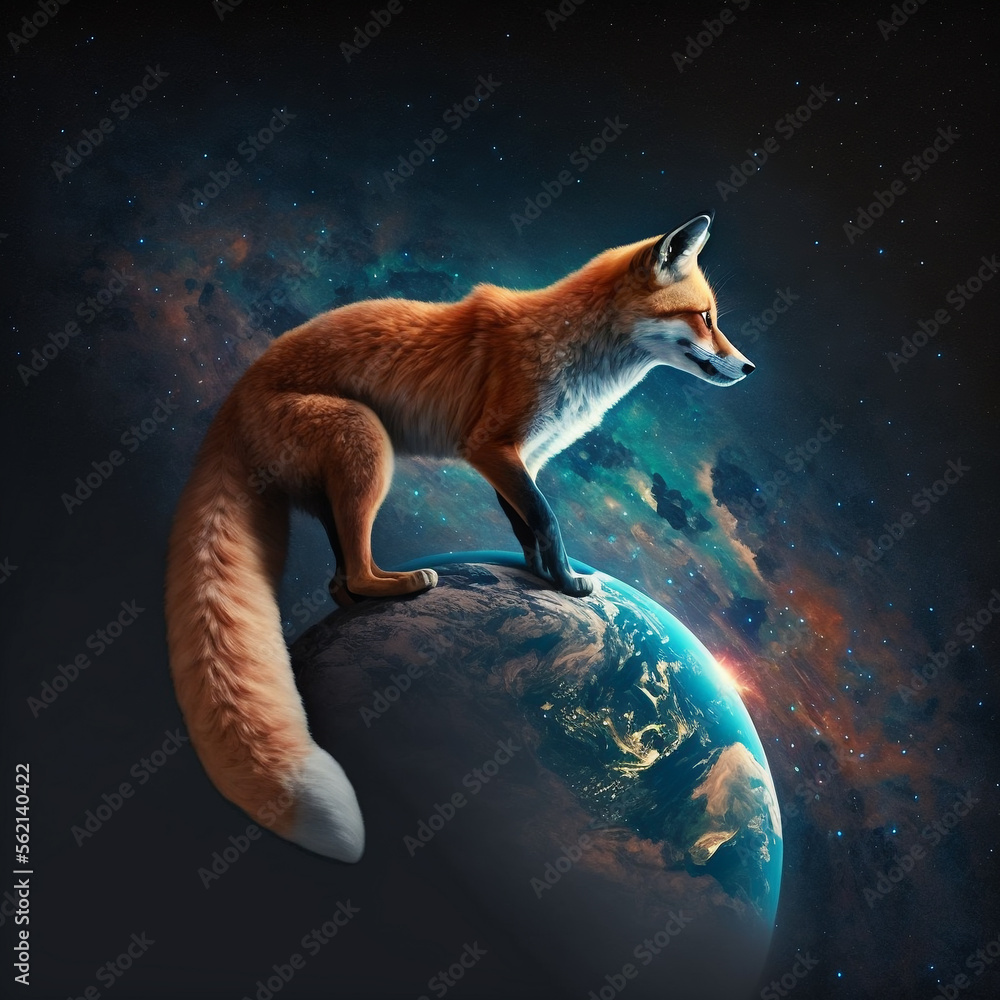 Renard posé sur une planète dans l'espace, devant un fond étoilé ...