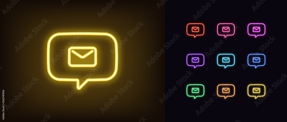 Outline neon bubble message icon set. Glowing neon bubble message frame ...