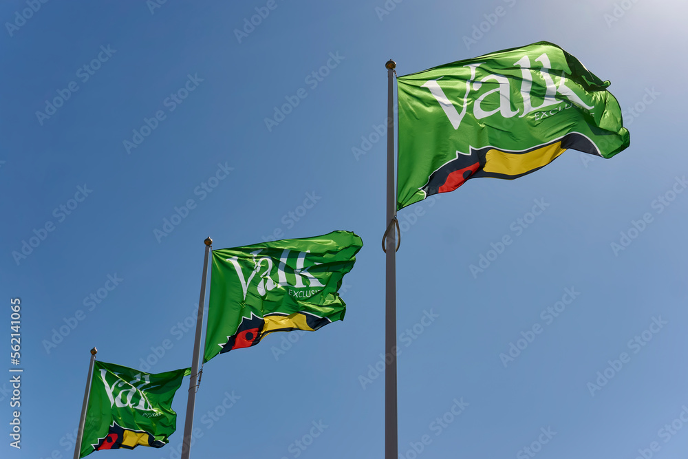 Van der Valk flags with its characteristic toucan logo. A Dutch ...