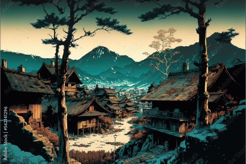ukiyo e style, post-apocalyptic mountain village, city skyline in the ...
