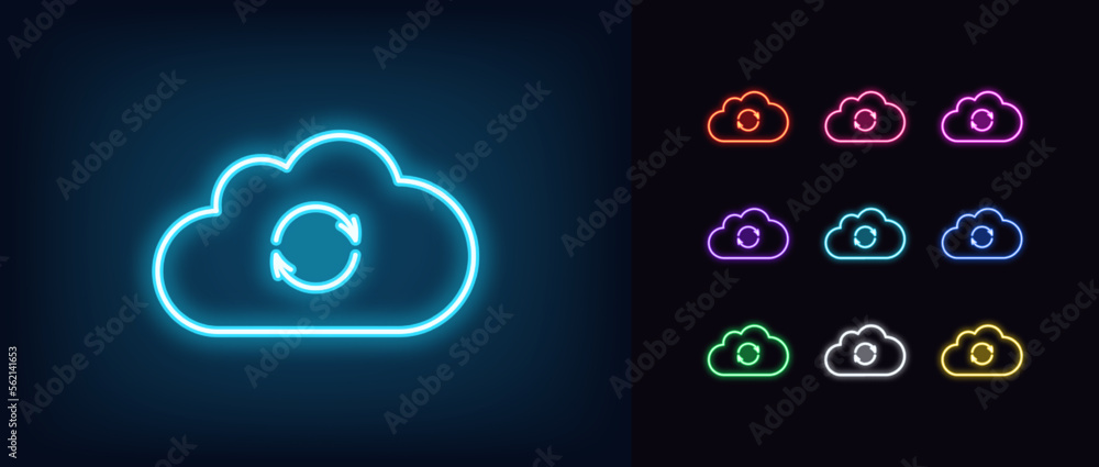 Outline neon cloud sync icon set. Glowing neon cloud frame with update ...