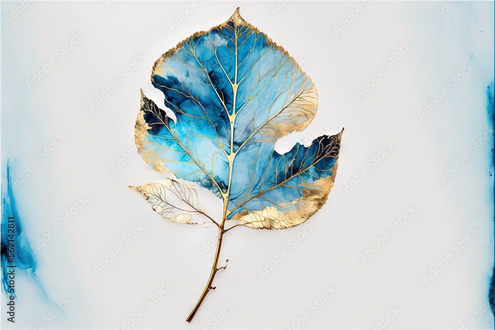 a blue and gold leaf on a white background with a blue border around it ...