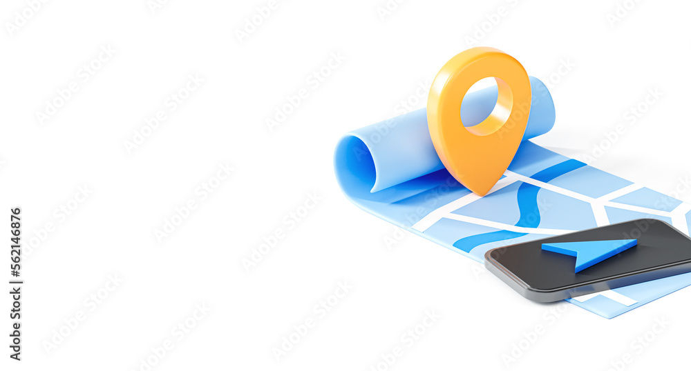 3D Navigation map with mobile phone and position point. GPS on ...