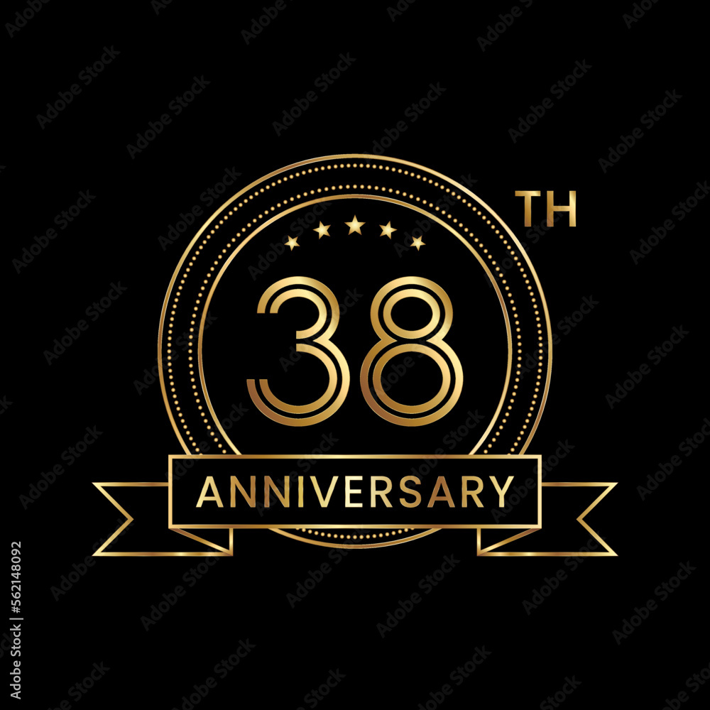 38th Anniversary Template design with golden text and ribbon. Logo ...