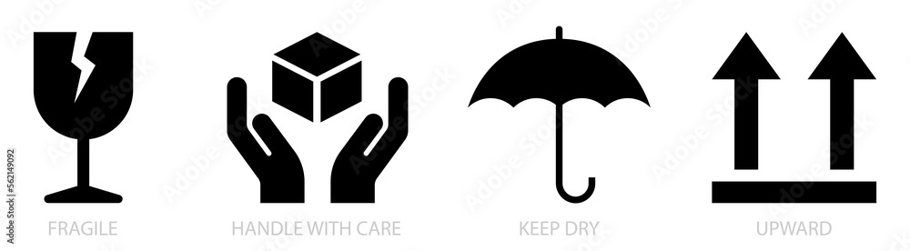 Fragile, Keep Dry, Handle With Care, Upward icon set. Package symbols collection. Vector Stock ...