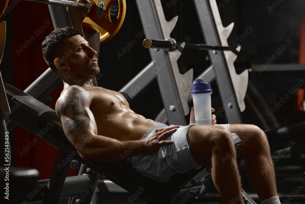 Portrait of young muscular man training shirtless in gym indoors ...