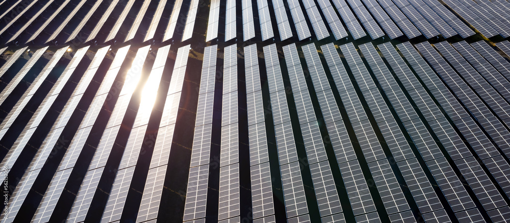 Photovoltaic solar panels at sunrise and sunset.Solar panel cell on ...