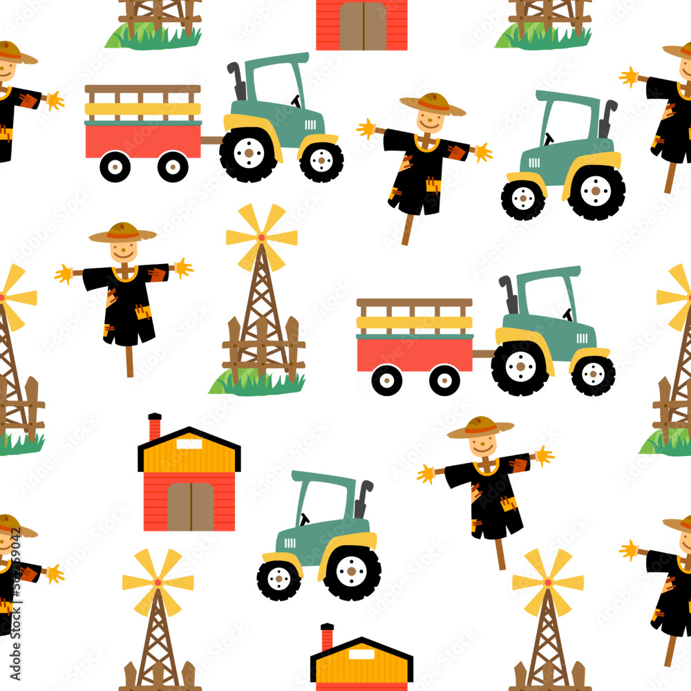 Farm pattern design.Cute tractor and scarecrow, windmill on white ...