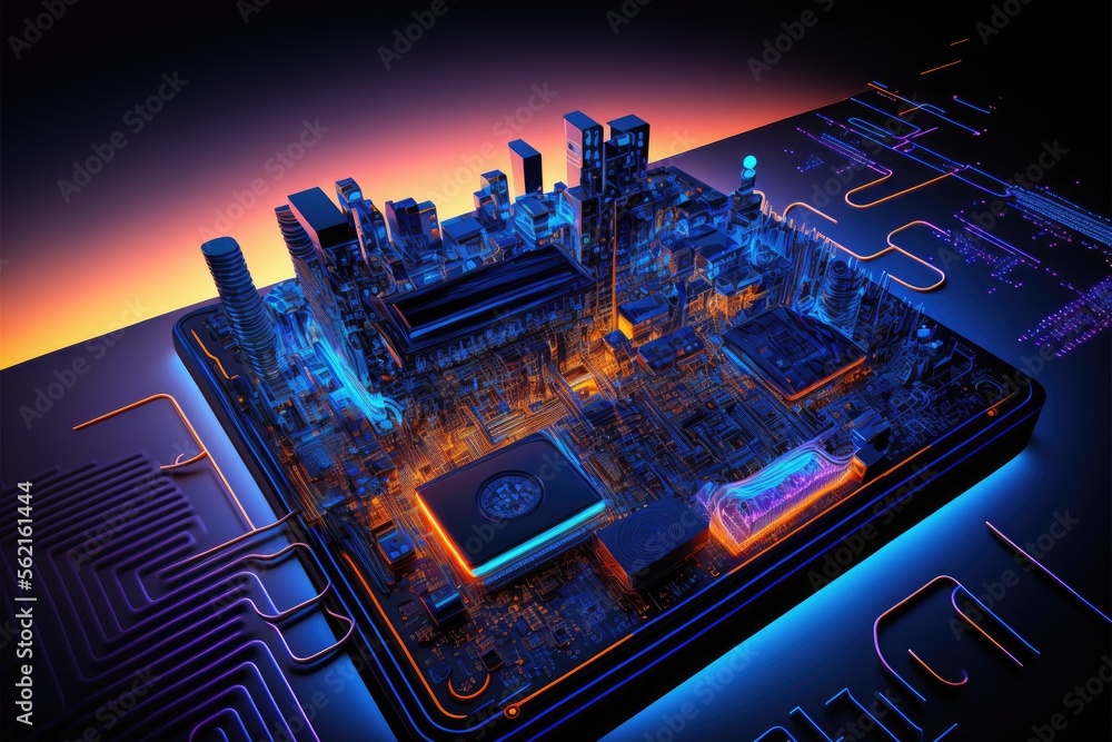 Sunset over flat surface made of electronic digital elements ...