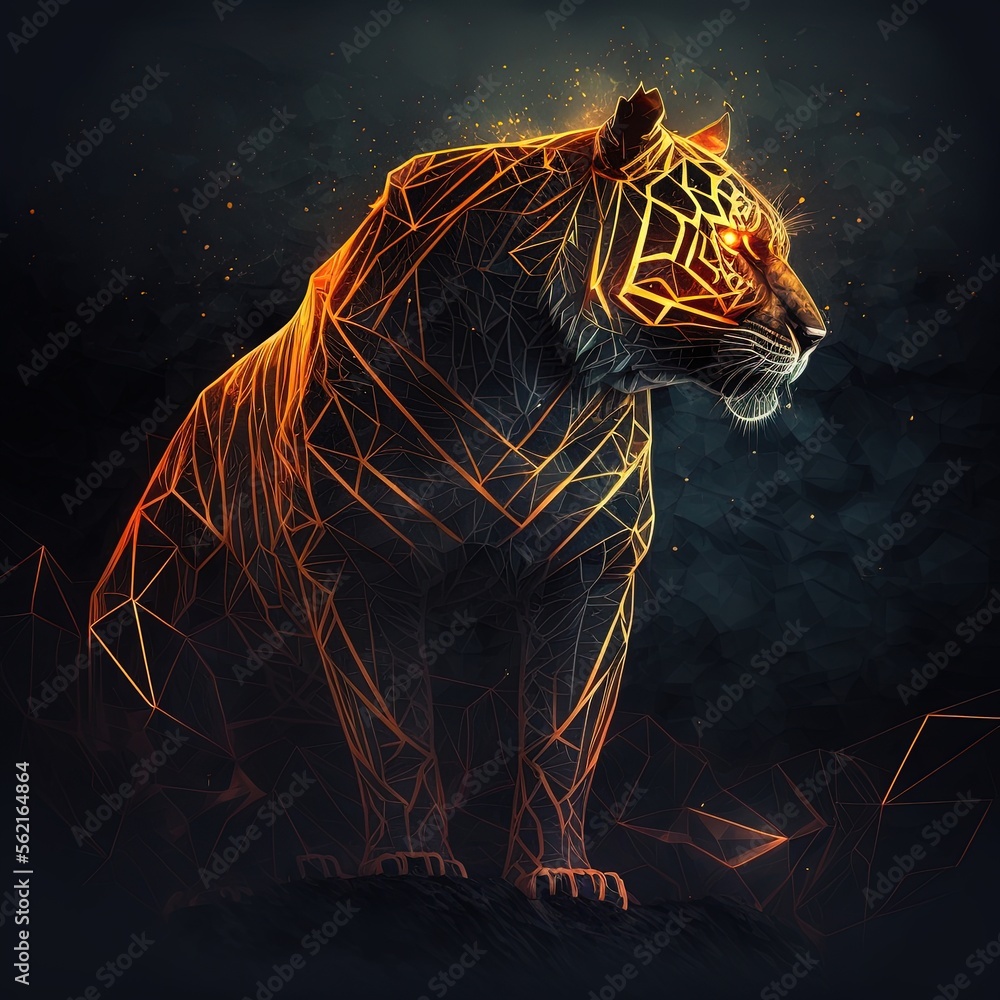 A Glowing Lines Digital Art of a Tiger Isolated on a Dark Black ...