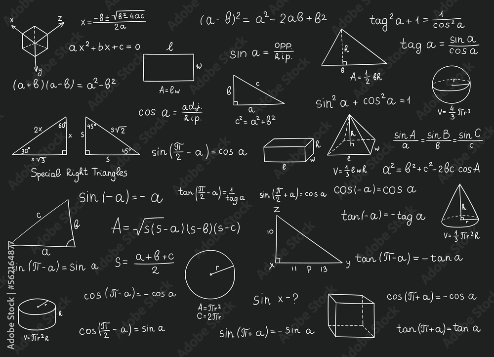 Maths doodle. Hand drawn mathematics formulas on chalkboard for ...