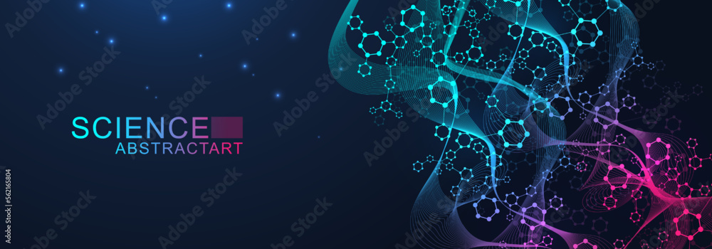 Modern scientific background with hexagons, lines and dots. Wave flow ...