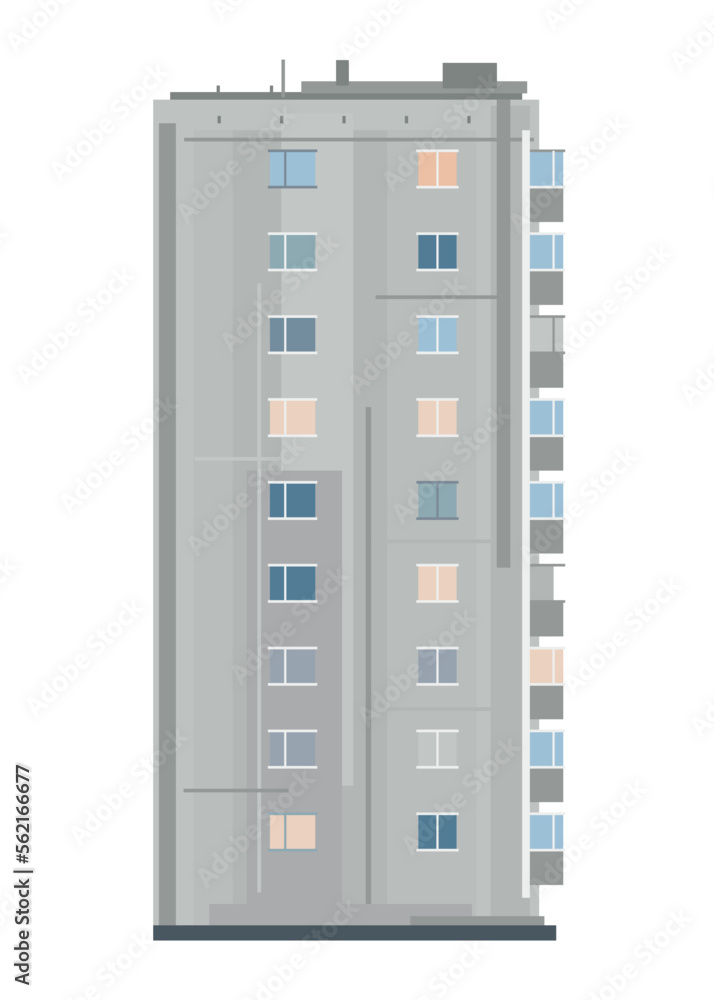 One nine-story eastern European building in side view isolated, old ...
