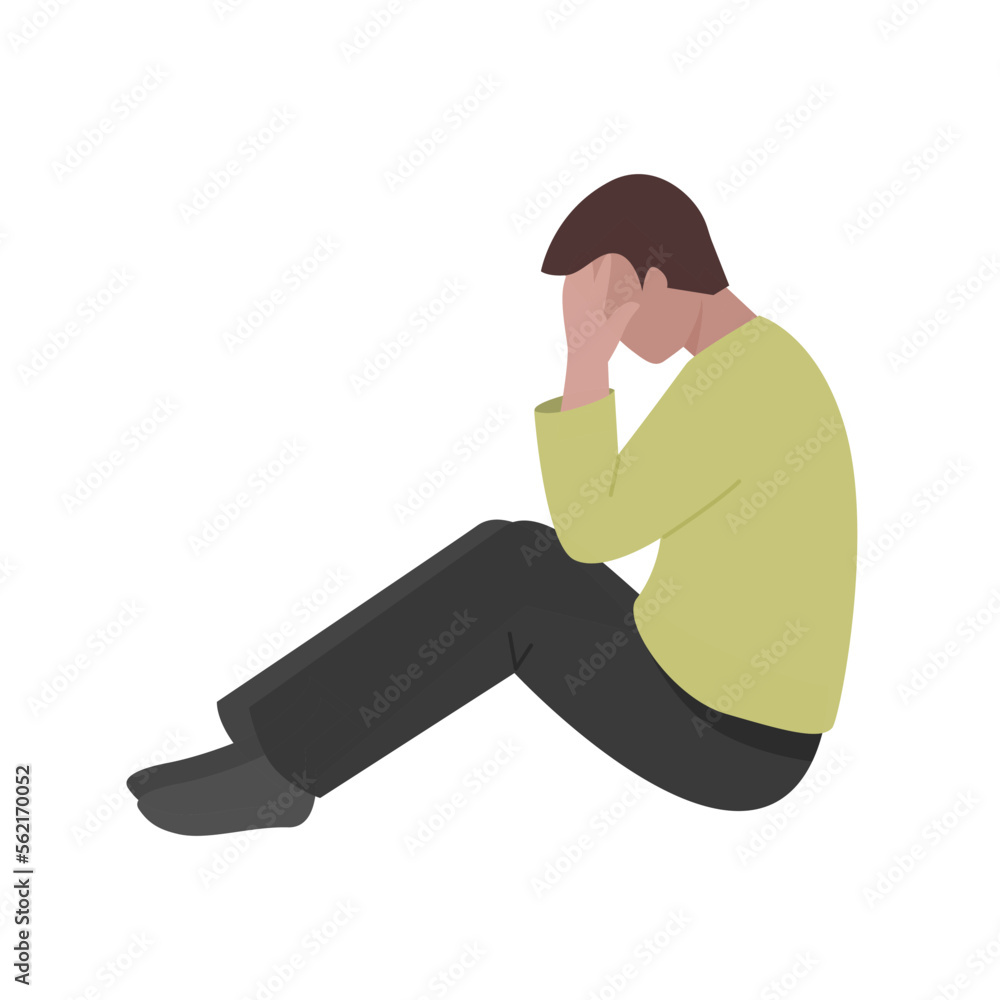 Sad man is sitting on the floor. Side view vector color isolated ...