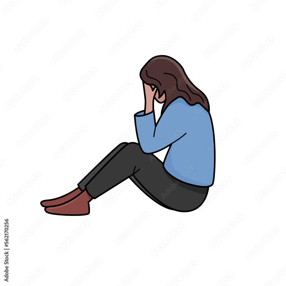 Sad woman is sitting on the floor. Side view vector isolated color ...