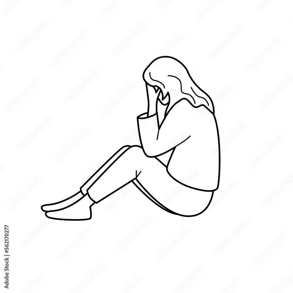 Sad woman is sitting on the floor. Side view vector isolated ...