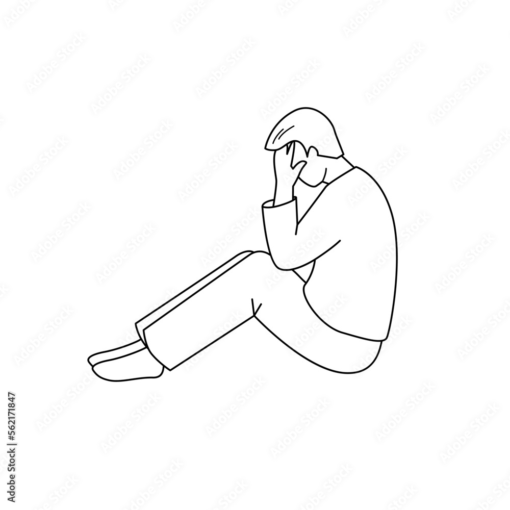 Sad man is sitting on the floor. Side view vector isolated illustration ...
