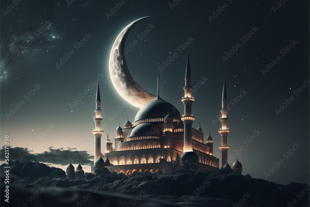 crescent shaped moon and mosque in front of night cloudy and starry sky ...