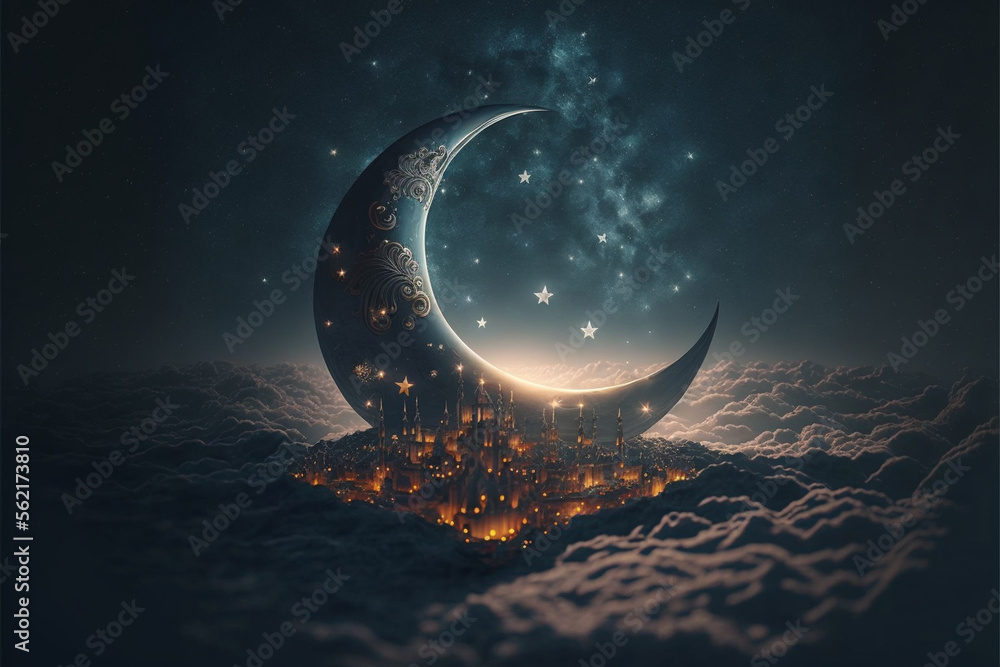 ramadan, the holy month of muslims. crescent shaped moon and night ...