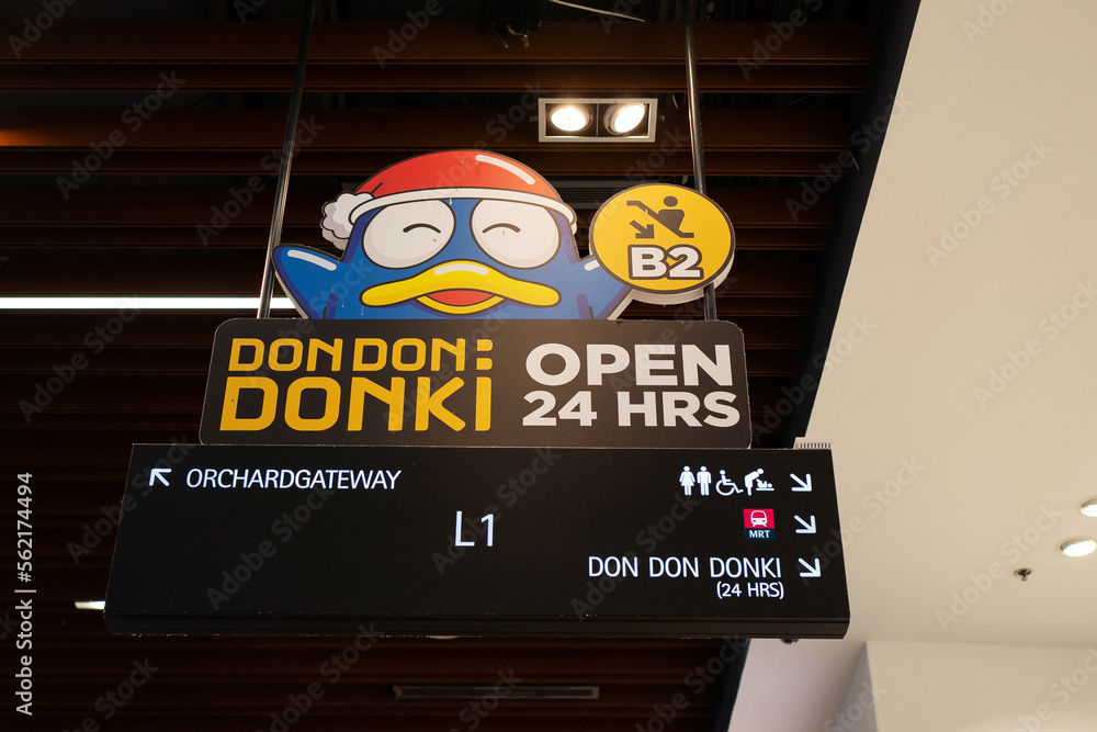 SINGAPORE - APR 19, 2022: Don Don Donki sign board in Clarke Quay ...