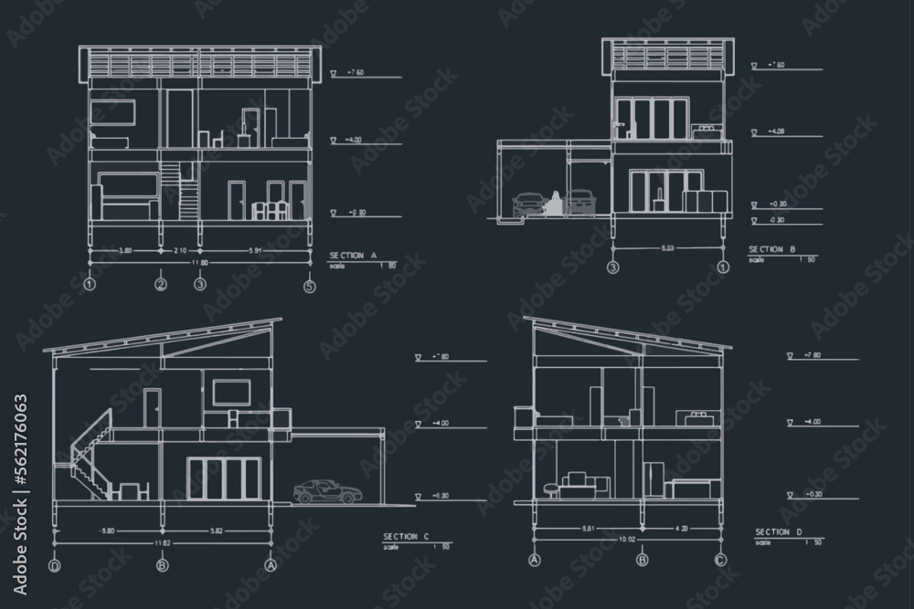 Detailed townhouse section, floor plans, apartments layout. Vector blueprint for architectural ...