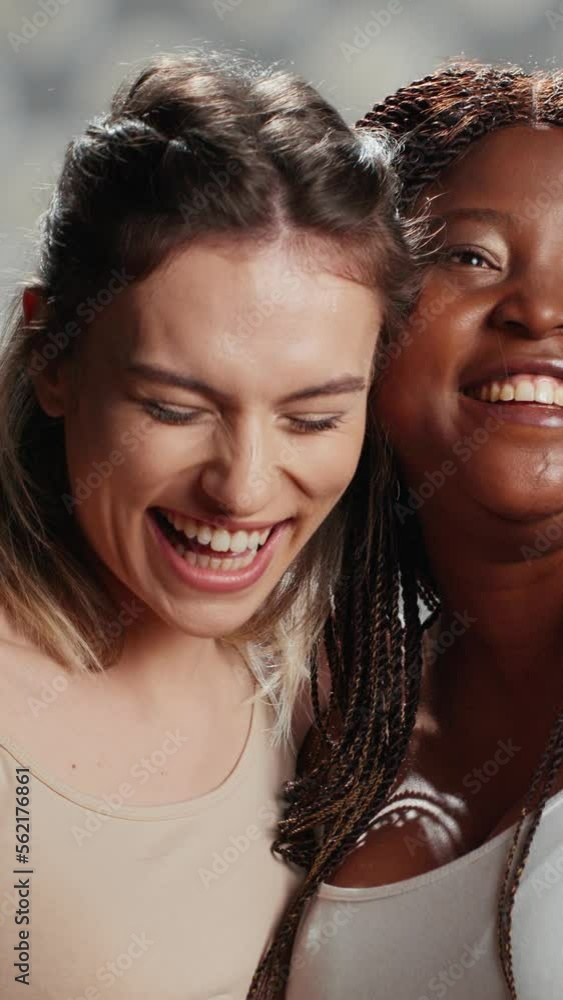 Vertical Video Diverse Women Feeling Happy Posing For Skincare Ad