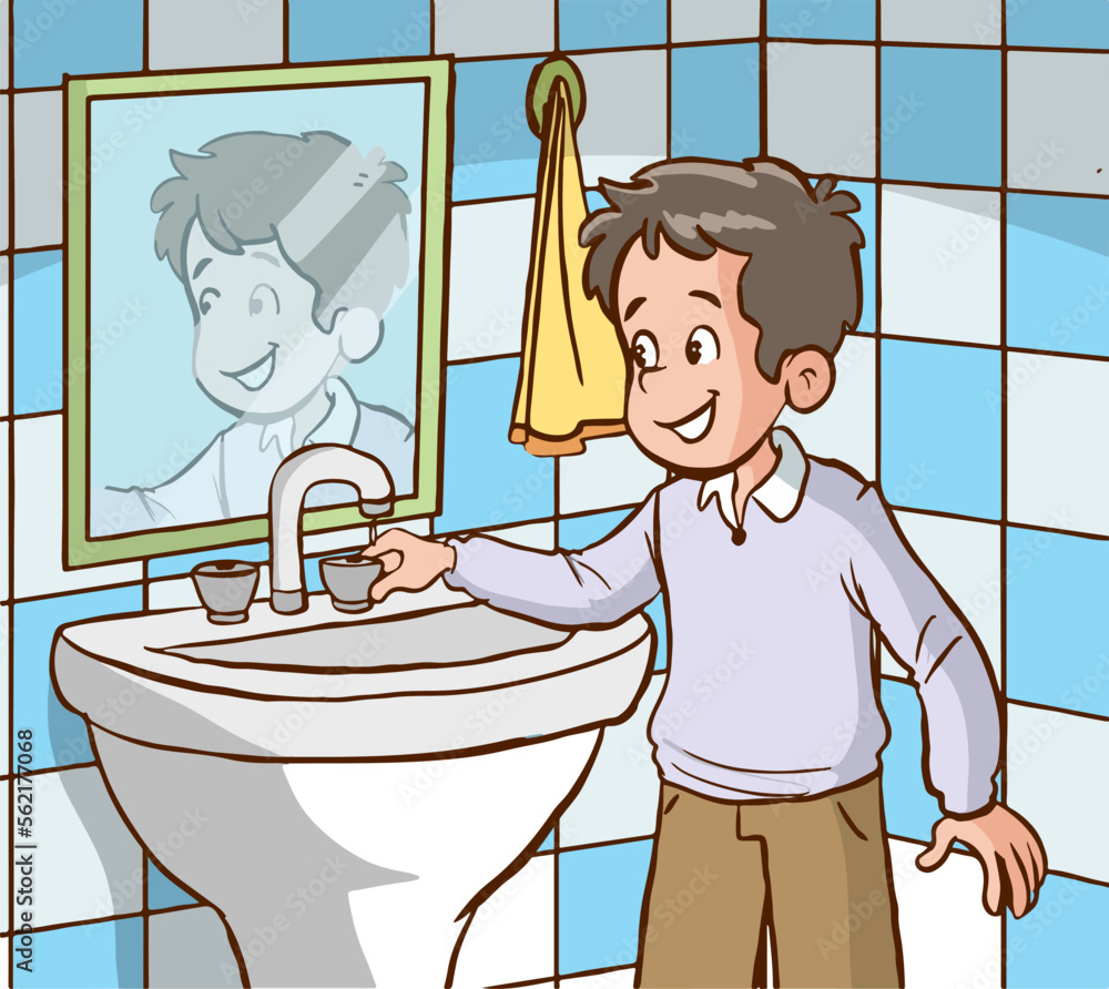 boy turning off the tap in the bathroom cartoon vector Stock Vector ...