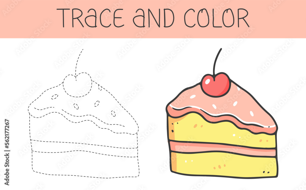 Trace and colour coloring book with piece of cake for kids. Coloring ...