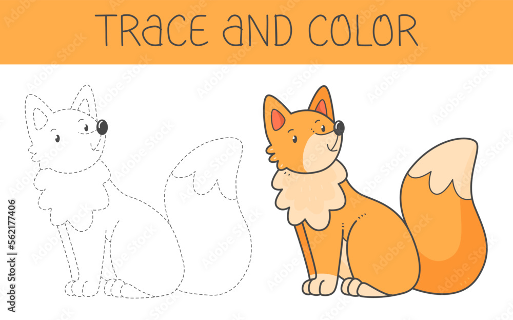Trace and colour coloring book with fox for kids. Coloring page with a ...