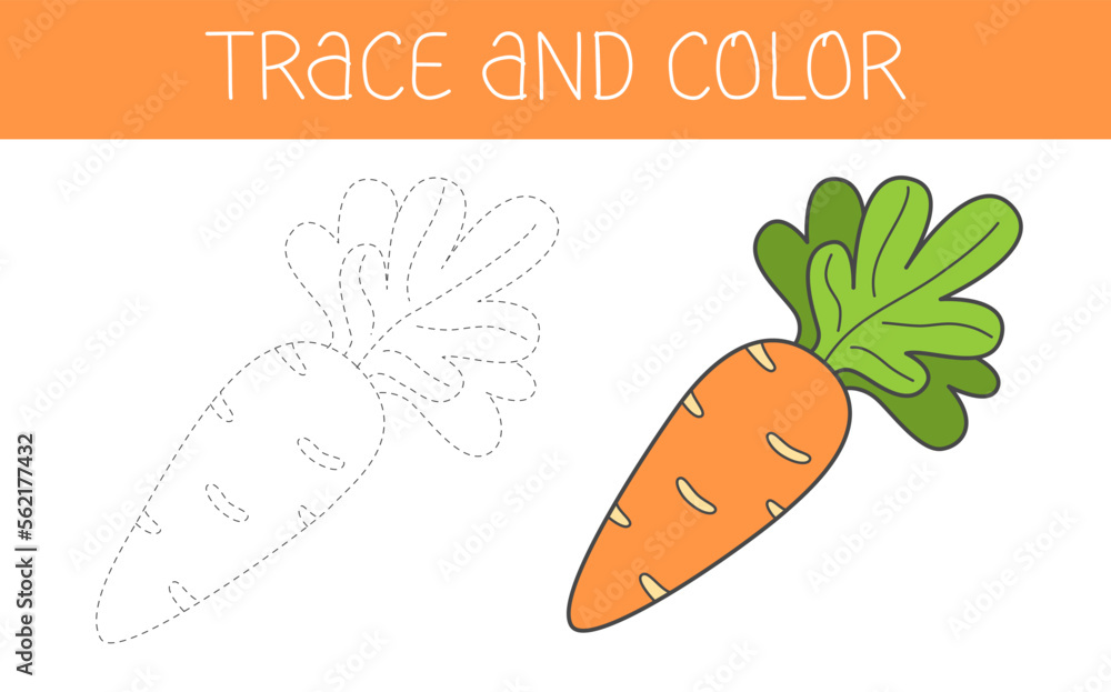 Trace and colour coloring book with carrot for kids. Coloring page with ...