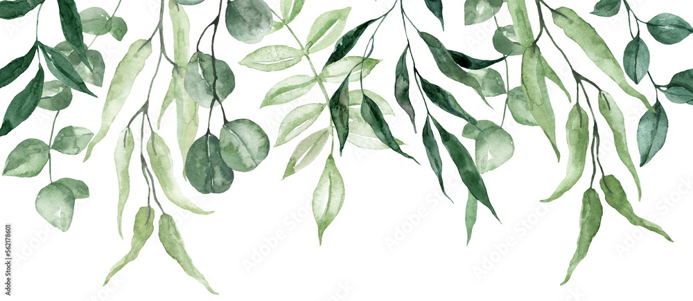 Green leaf floral border. Watercolor forest foliage banner. A pre-made ...