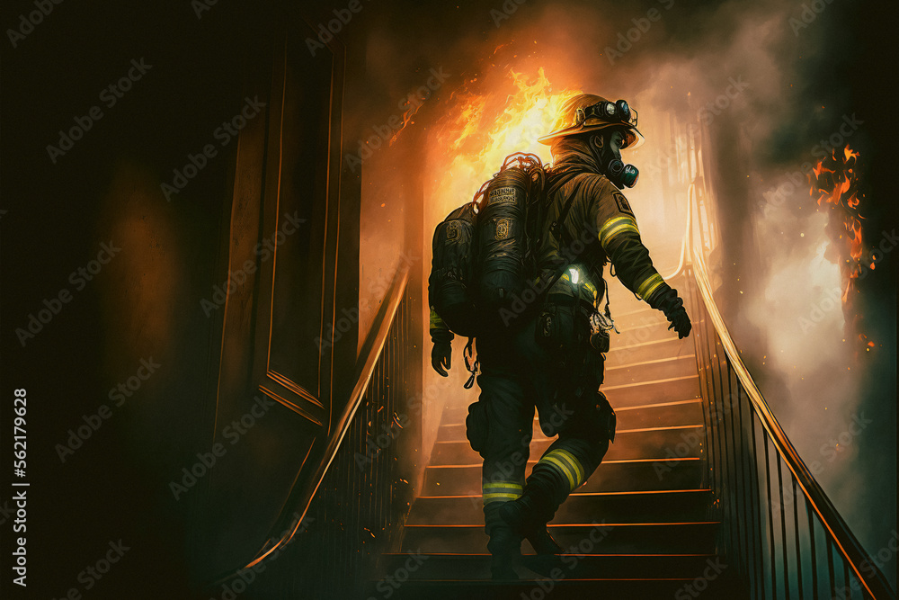 fireman fighting a fire disaster, ai generated Stock Illustration ...