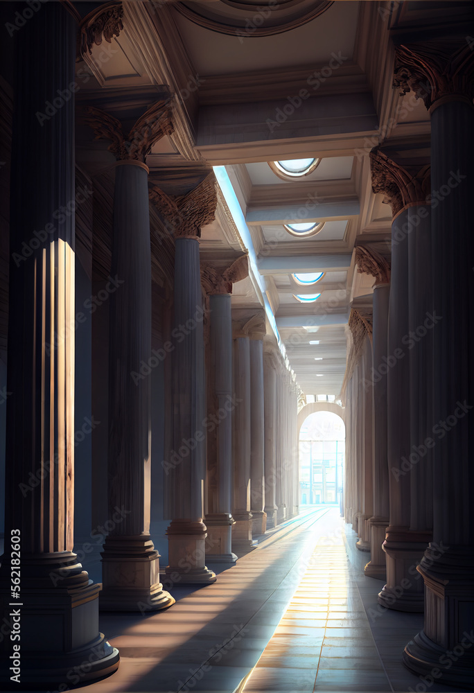 Gorgeous Graeco-Roman corridor with columns and a glowing heavenly ...