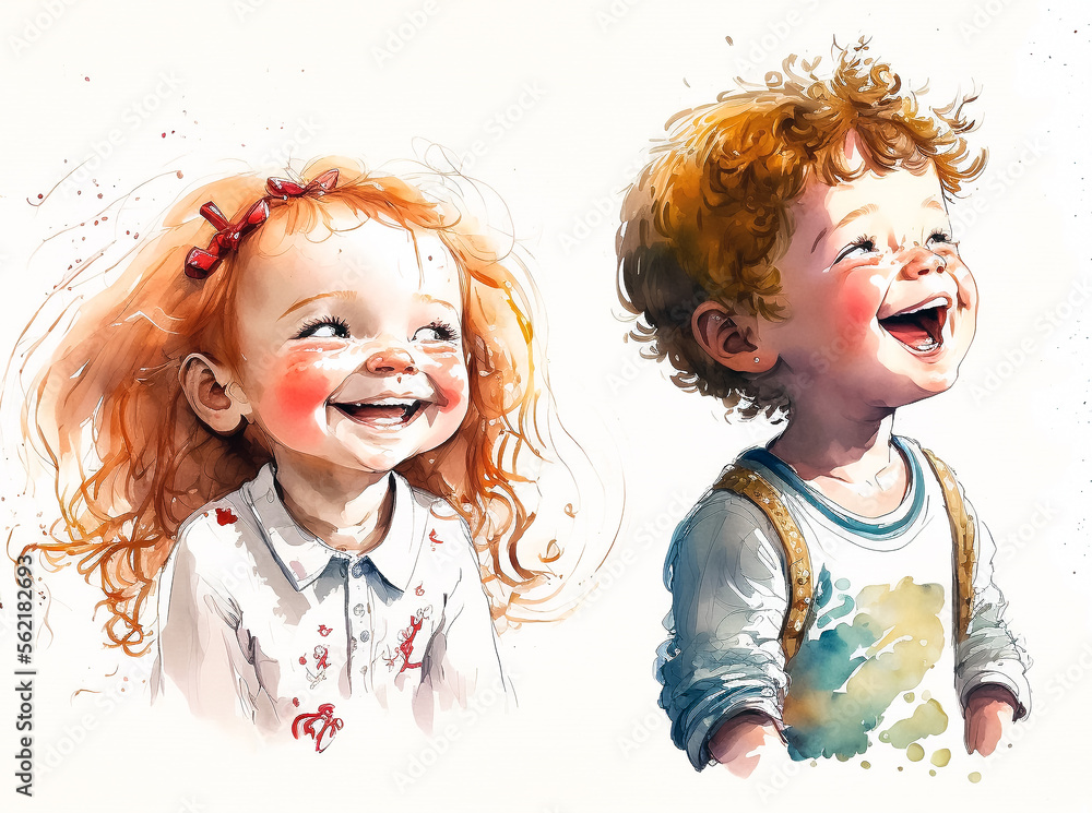 Watercolor painting of happy laughing little kids, boy and girl ...