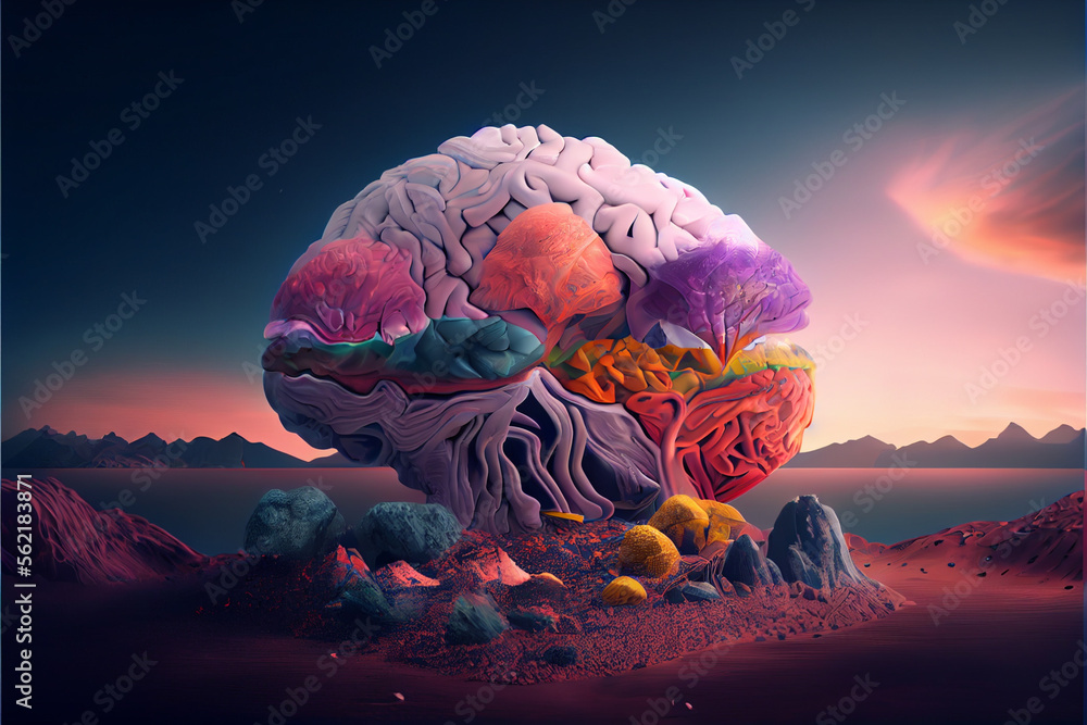 Beautiful abstract surreal brain landscape mountain space collage ...