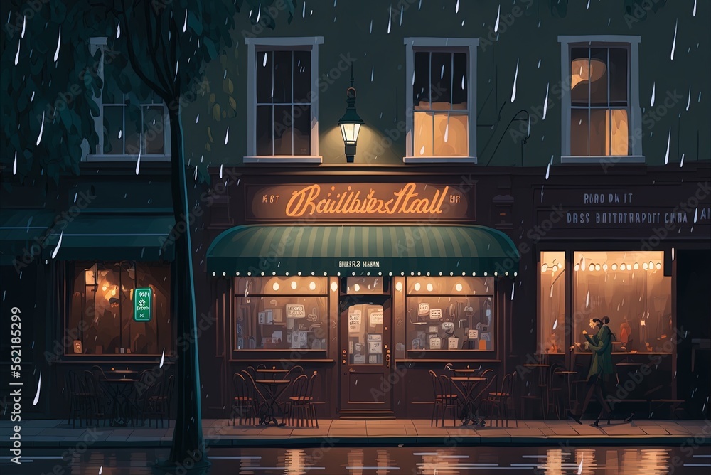 Bar in the city on a wet night. Caricature of a cafe's front facade ...