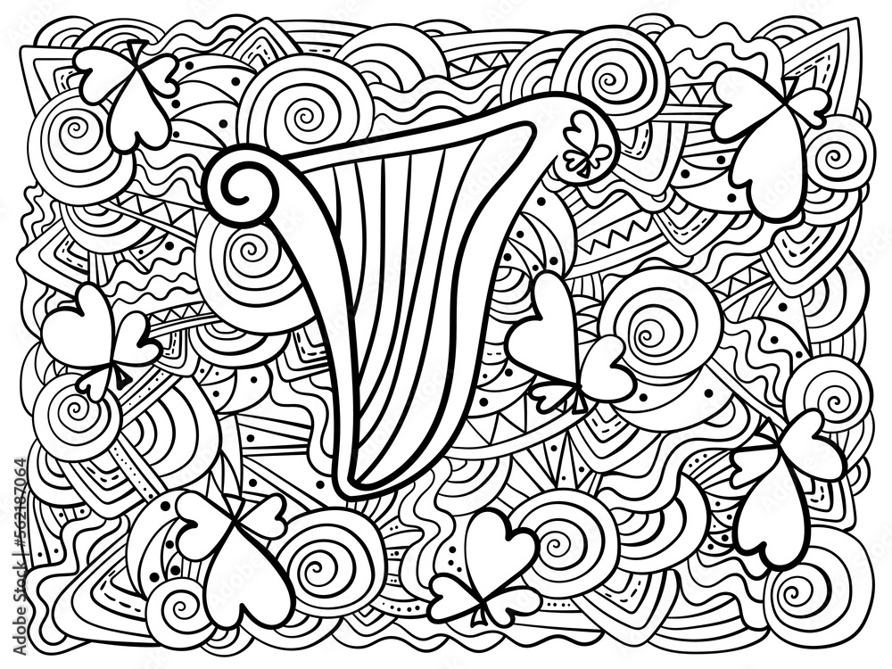 Meditative horizontal coloring page with harp clover shamrocks and ...